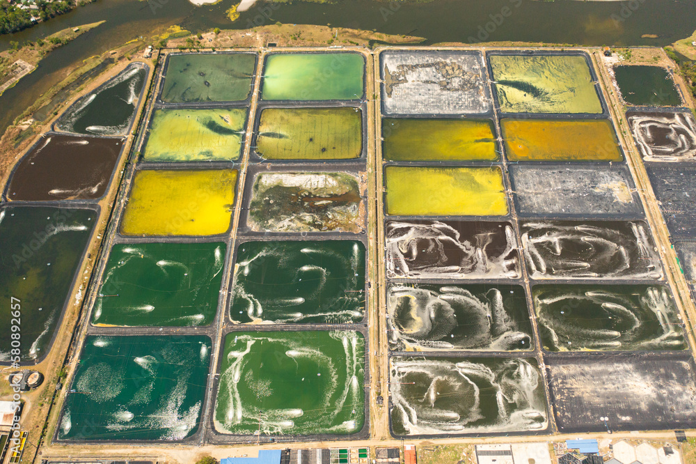 Aerial view of Pump ponds at a shrimp farm in the Philippines.Prawn ...