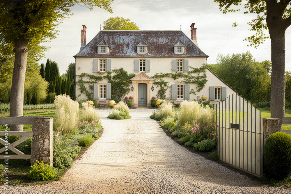 French country farmhouse with a gravel driveway and a garden trellis ...