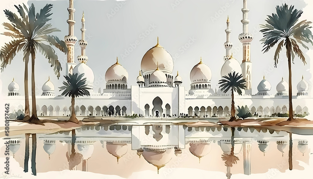 Sheikh Zayed Grand Mosque in Abu Dhabi watercolor. digital art ...