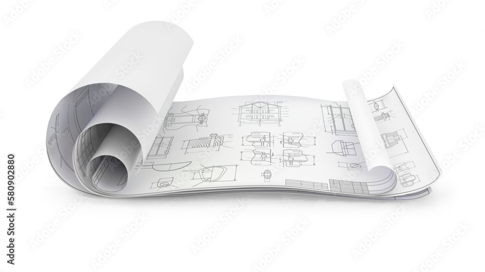 Several unfolded blueprints on a surface on a white background. Vector ...