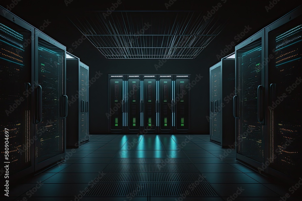 Shot shows a modern data center in the dark with a row of server racks that are all operational ...