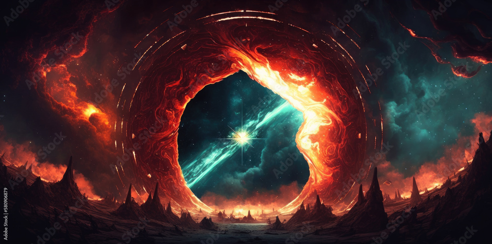 Interdimensional portal rift aurora opening in space over rugged winter ...