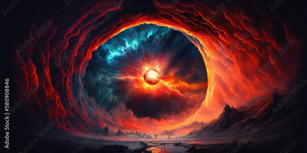 Interdimensional portal rift aurora opening in space over rugged winter ...