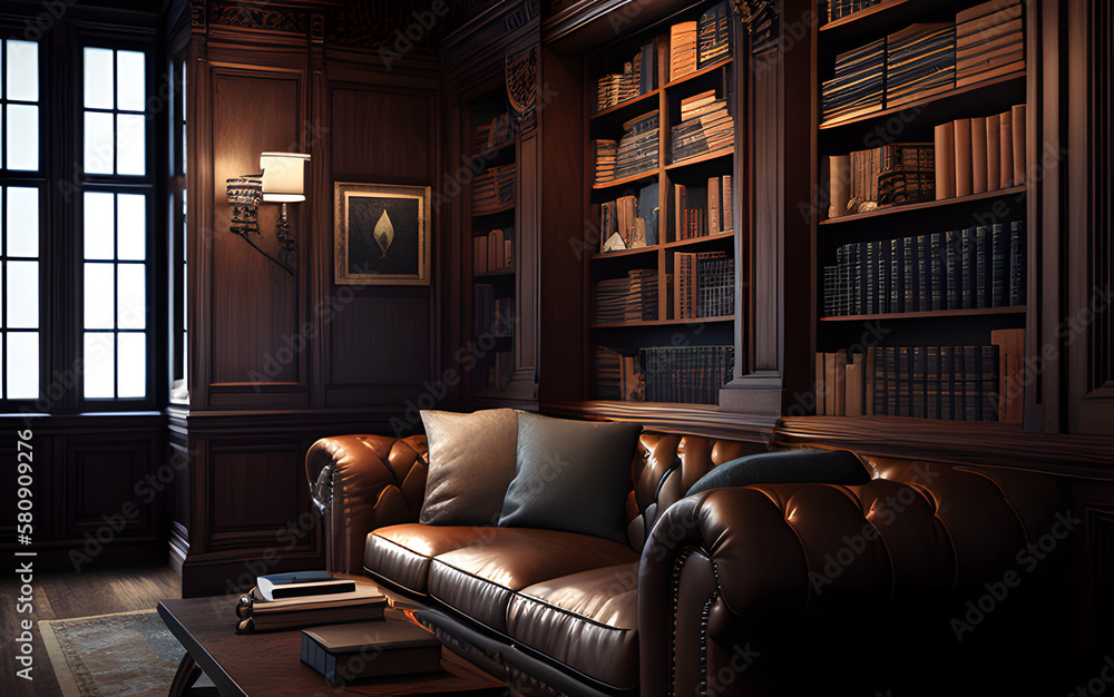 Cozy vintage traditional library study office with bookshelves, leather ...