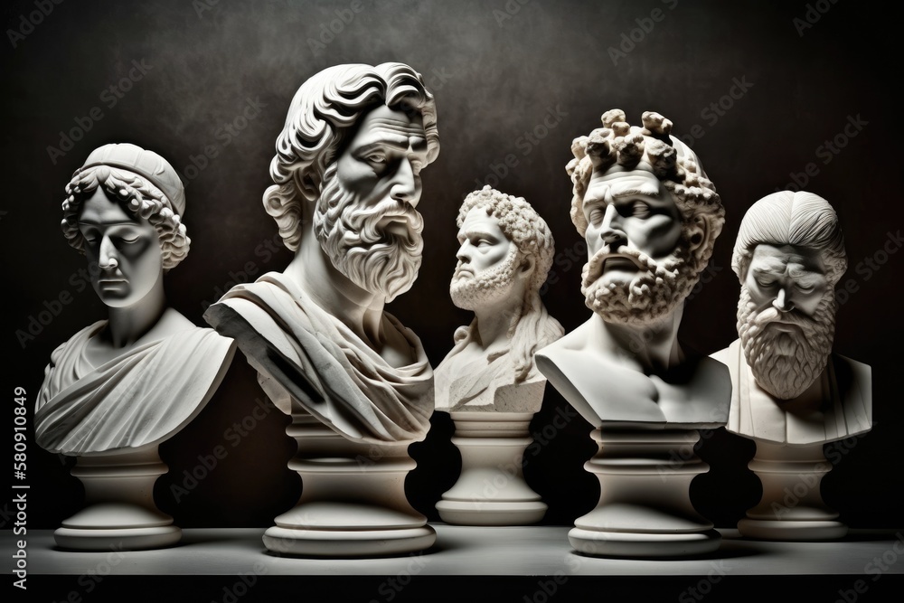 Busts of ancient human figures in gypsum arranged in groups for artists ...