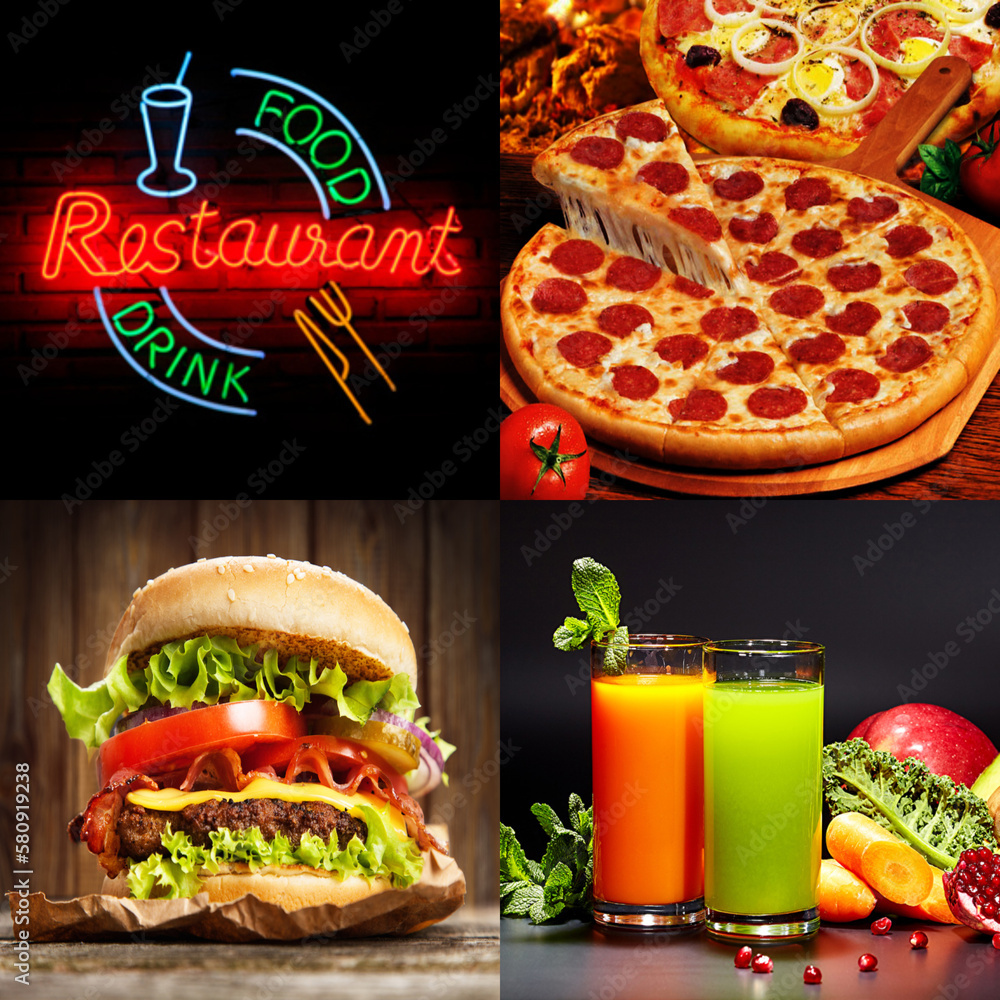 Stock-Illustration „Fast food and drink menu with pizza, burger and ...