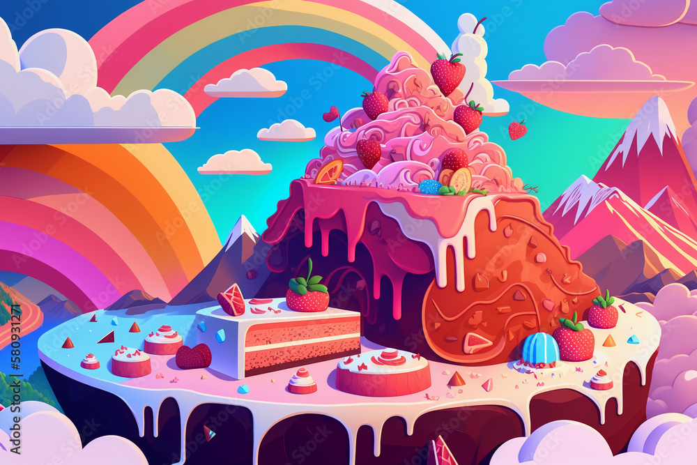 2D dessert chocalate mountain platformer level landscape, whipped cream ...