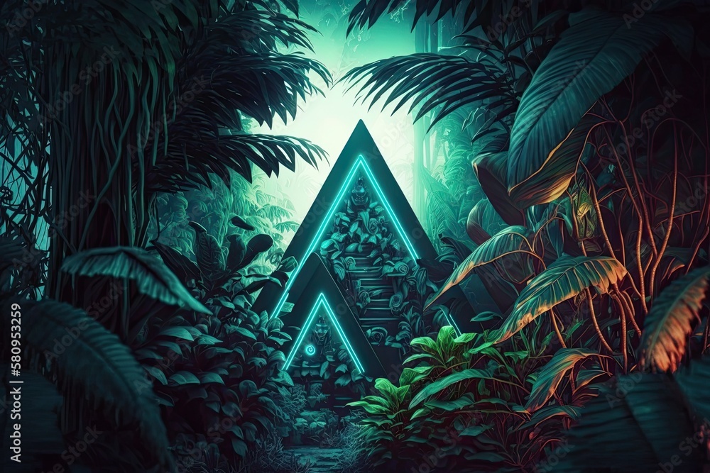 Triangle of green neon in a dense jungle. fantasy setting neon artwork ...