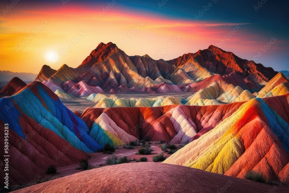 Amazing sunset scenery with Rainbow Mountain in the background. Gansu ...