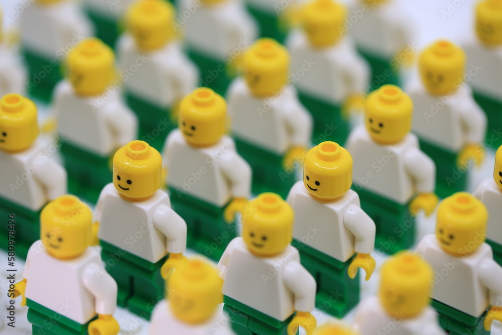 Hong Kong -March 15 2023: minifigure act like crowd of people stand ...