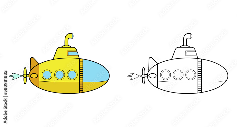 Cartoon yellow submarine ship. Coloring page and colorful clipart ...