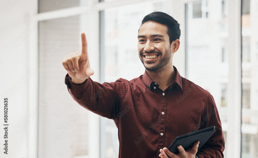 Virtual screen, tablet and happy man point at architecture engineering ...