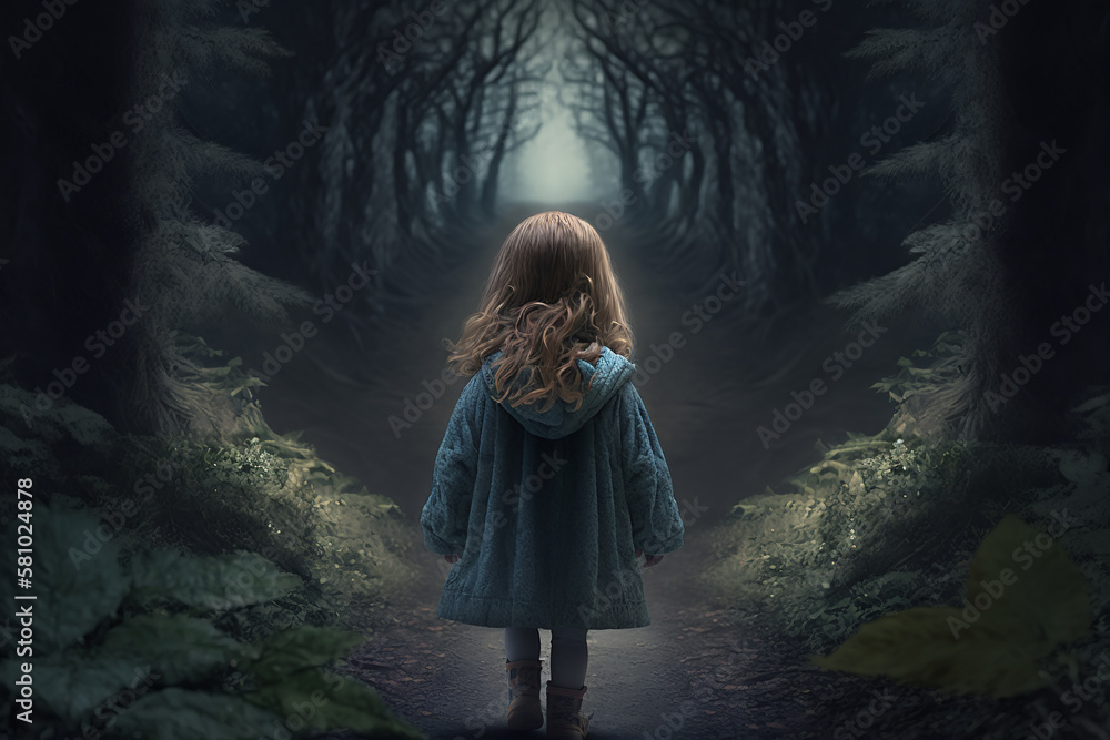 Lonely cute little girl in dark scary forest. Back view of lost scared ...
