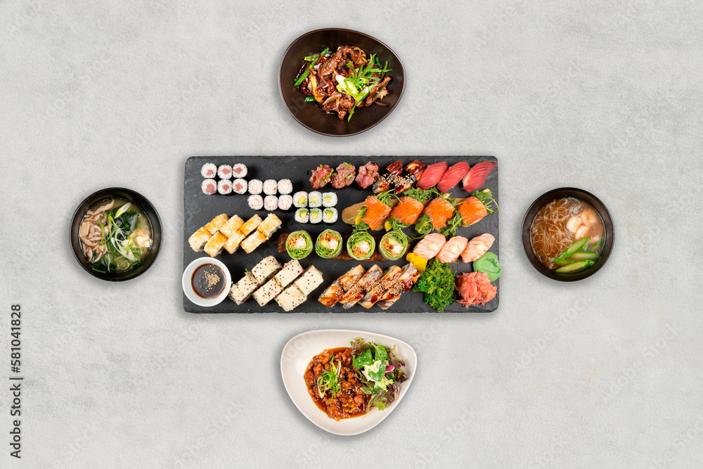 Above ground Japanese sushi food. Maki and rolls with tuna, salmon ...