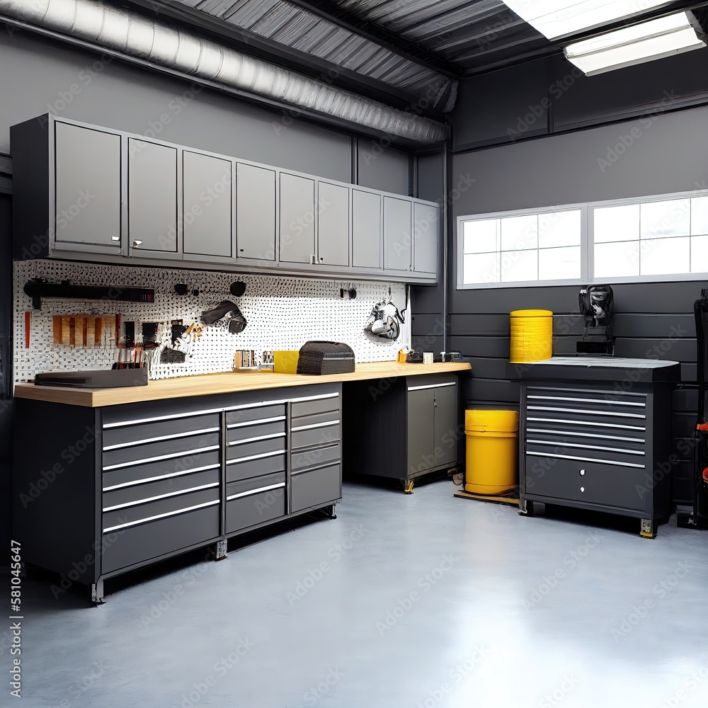 A workshop setup at home with work table and tool boxes filled with ...