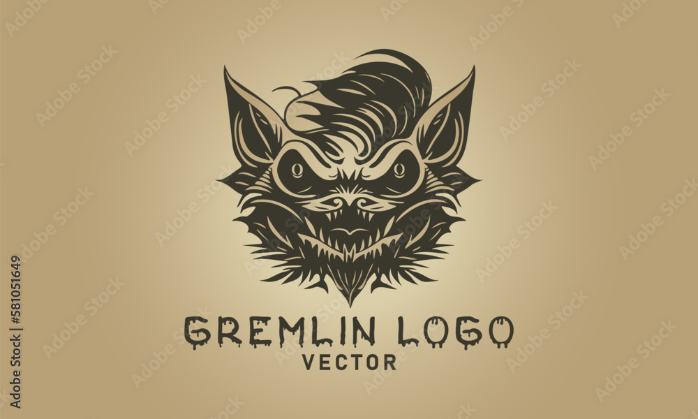 Vector stencil of a scary shaggy eared muzzle of a gremlin. Fantasy ...