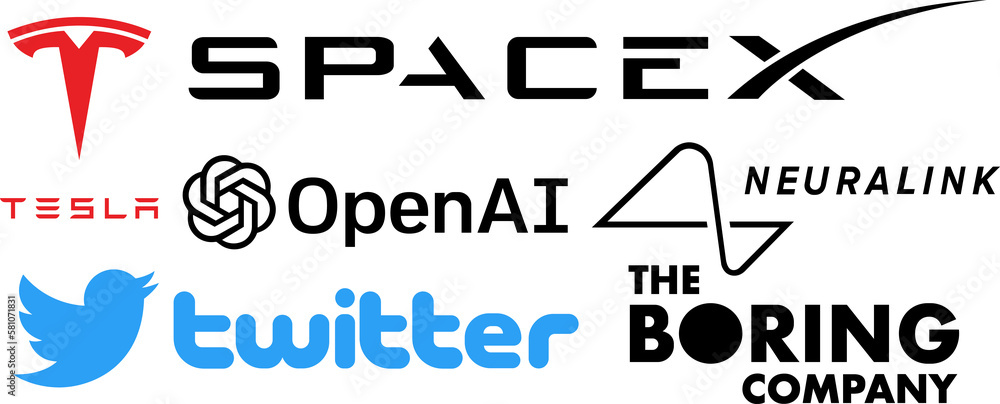 Popular logos of Elon Musk companies. Logos: Tesla, OpenAI, SpaceX, The ...
