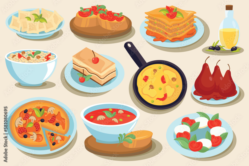 Italian Cuisine set concept in the flat cartoon design on a yellow ...