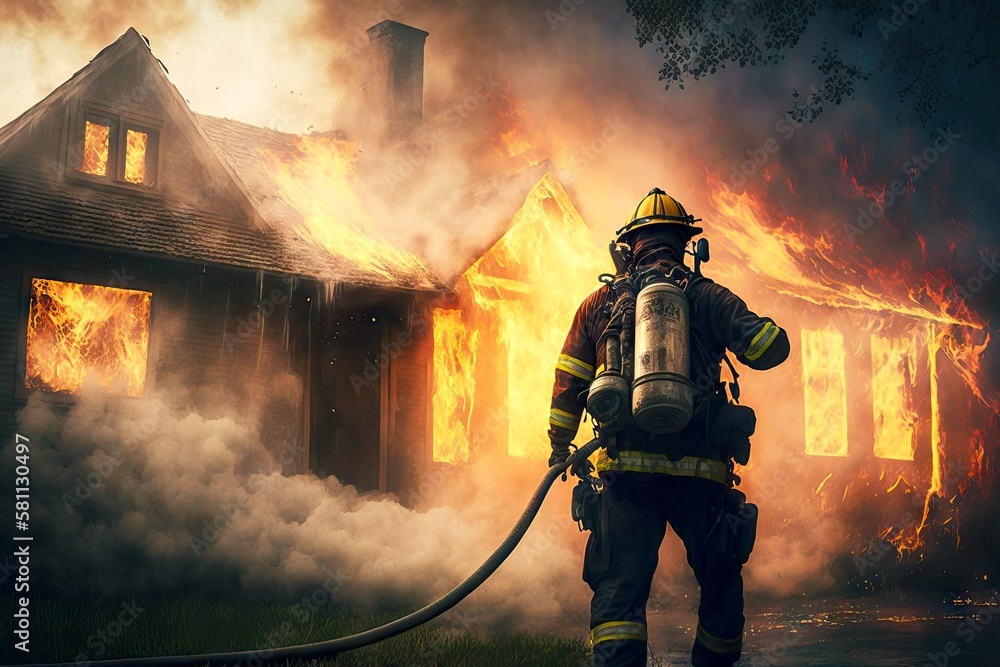 one firefighter fights fire with hose of water near burning house ...