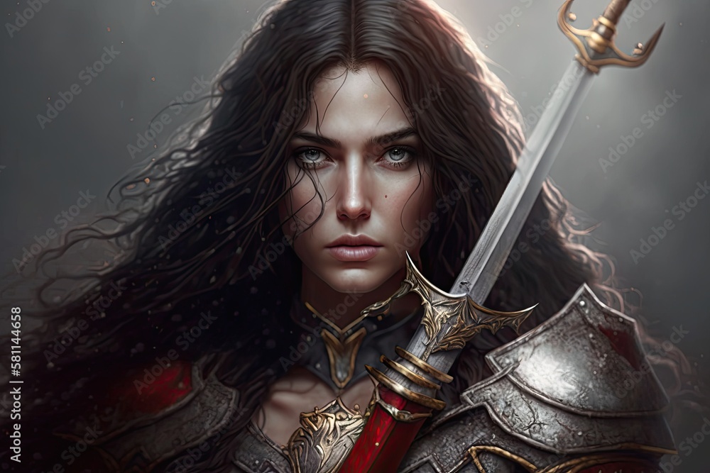 Ilustración de Stock brunette warrior with two-handed sword as guardian ...