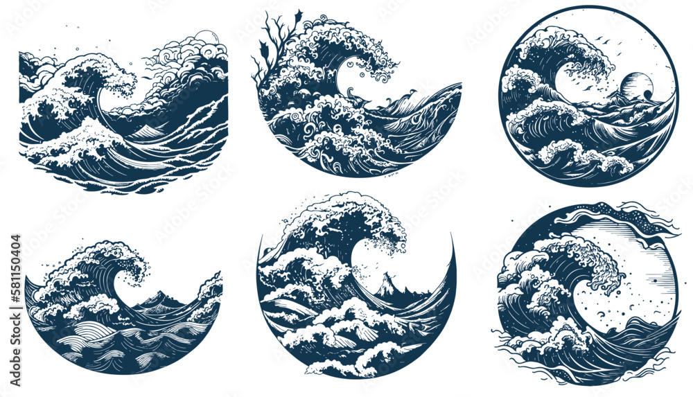 Sea waves. Cartoon ocean tidal storm waves isolated on white background ...