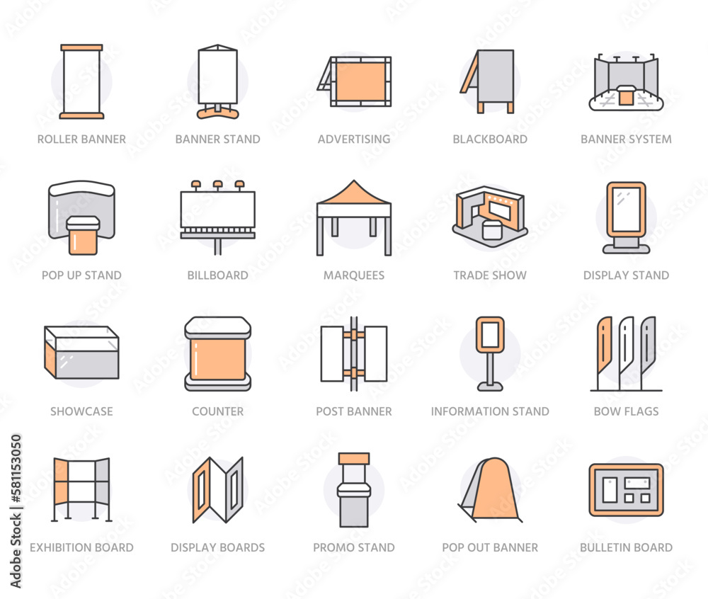 Exhibition flat line icons set. Trade show banner, display, expo booth ...