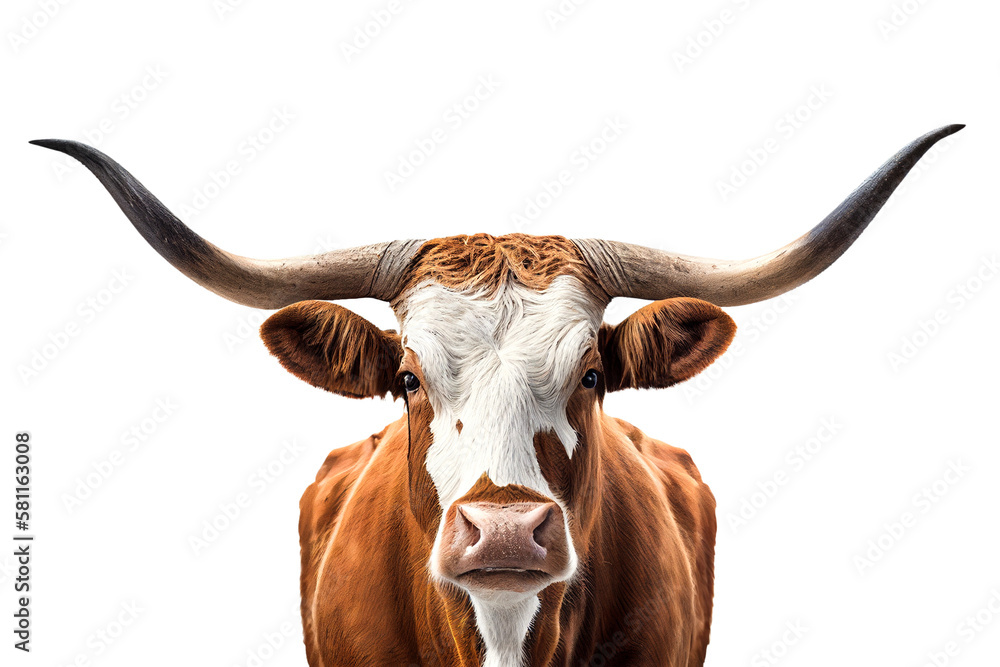 Texas Longhorn cow, front view cattle portrait isolated on transparent ...