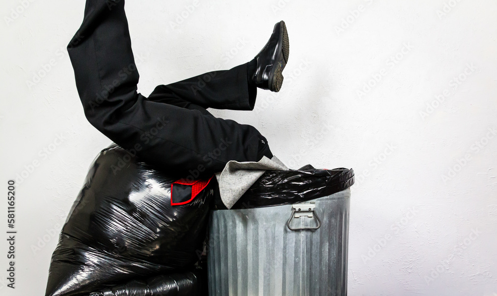 Photo Stock Businessman Stuck in Garbage Can Surrounded by Trash Bags ...