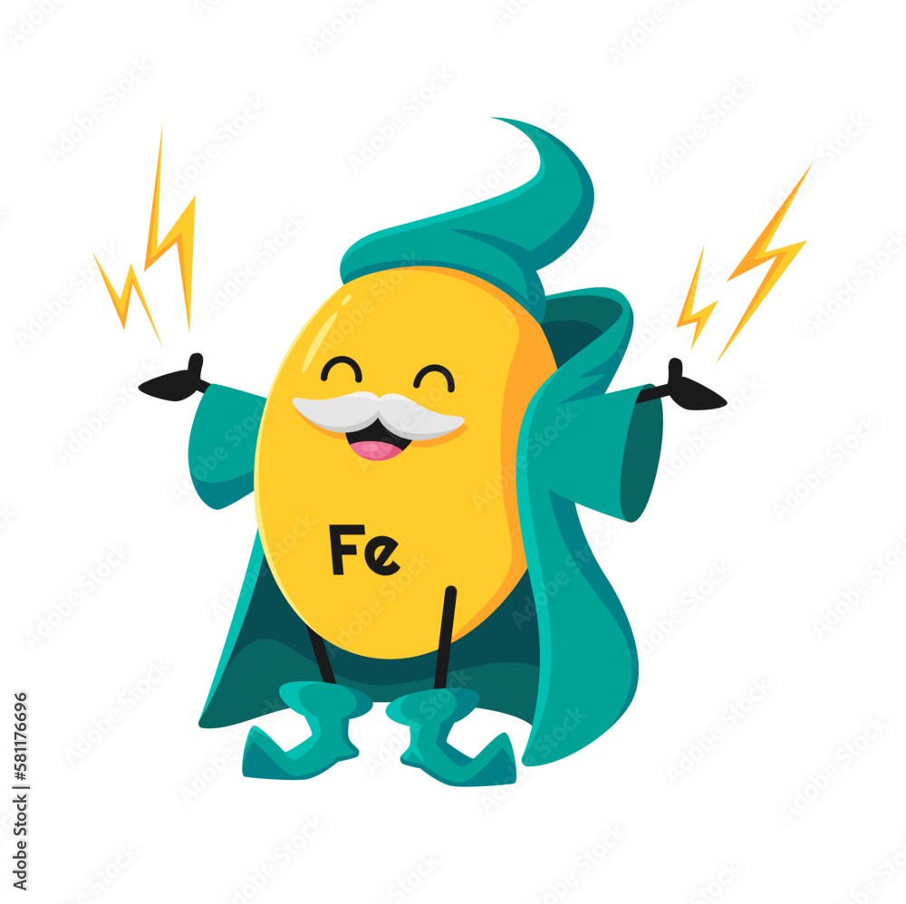 Vetor Cartoon ferrum or iron mineral micronutrient wizard character ...