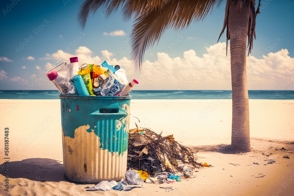 Overflowing garbage can with household waste on beach by sea under palm ...