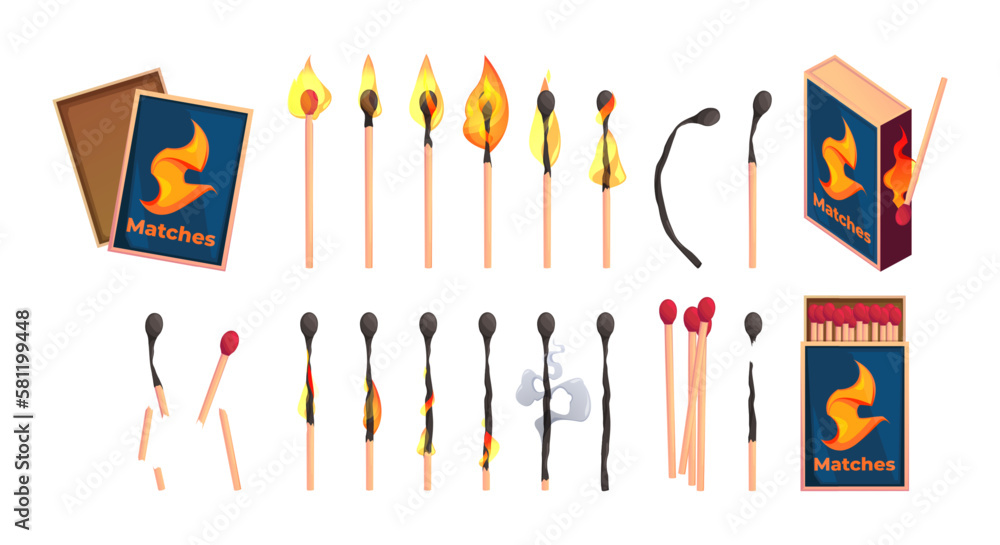 Match with box. Opened matchbook with matchstick, closed matchbox wood ...