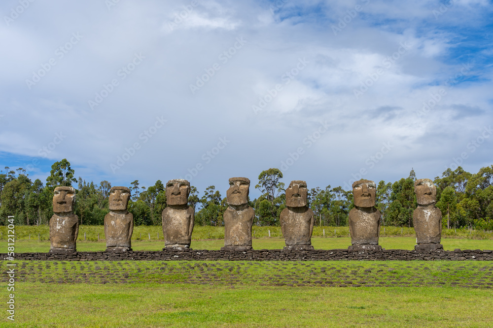 Front view of seven moai statues at Ahu Akivi, the only ahu with moai ...