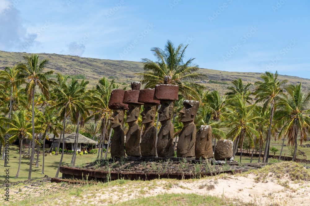 Ahu Nau Nau with 7 moai statues with palm trees in background at ...