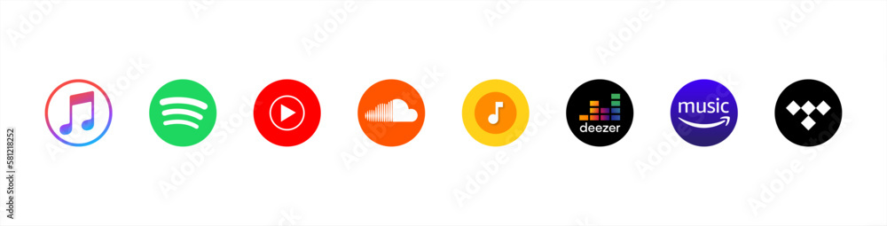 Popular Music streaming services listen on badges set. Apple Music ...