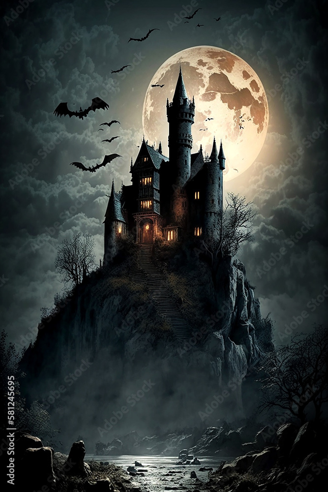 vampire castle, dracula, dracula castle, bats, night, moon, trees, wind ...