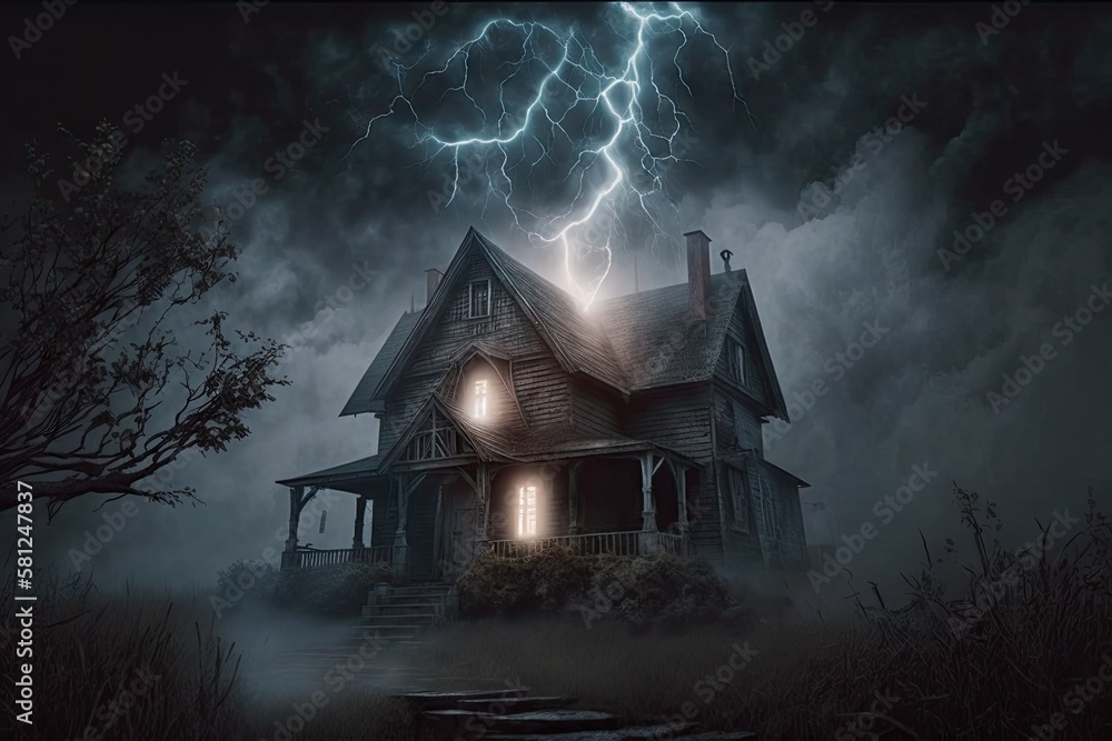 wicked evil house in horror movie with lightning and fog, created with ...
