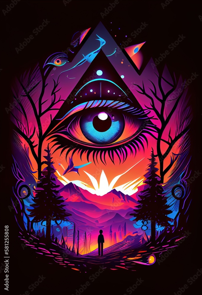 Illuminati eye psychedelic cartoon illustration with vibrant colors ...