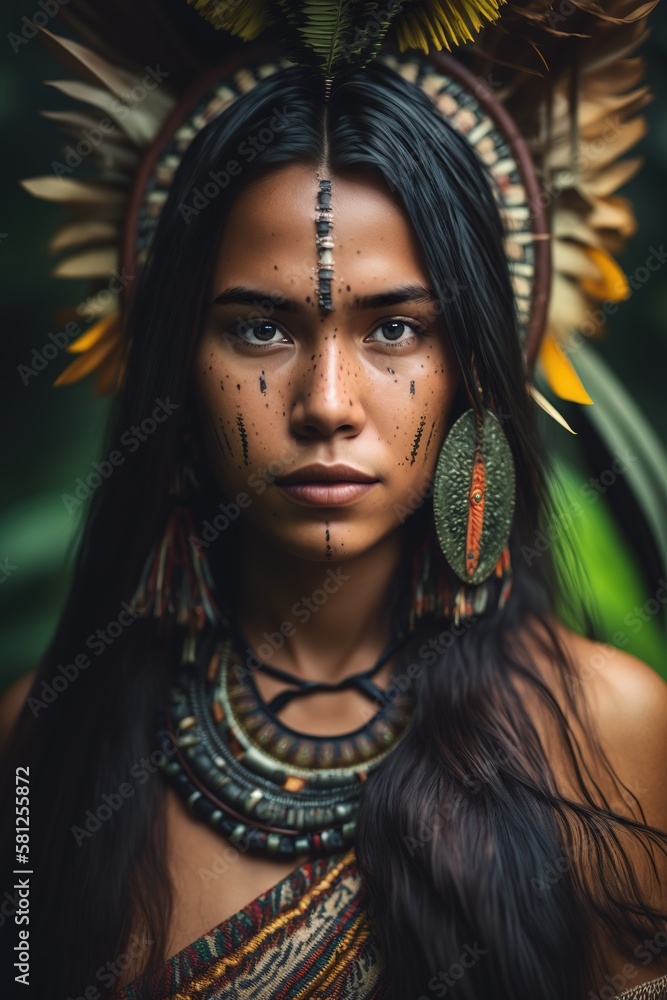 Beautiful woman indigenous portrait of tribal Amazon . Looking serious ...