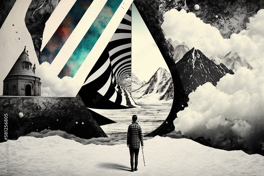Lost in dreams collage, man in his inner world making plans created ...
