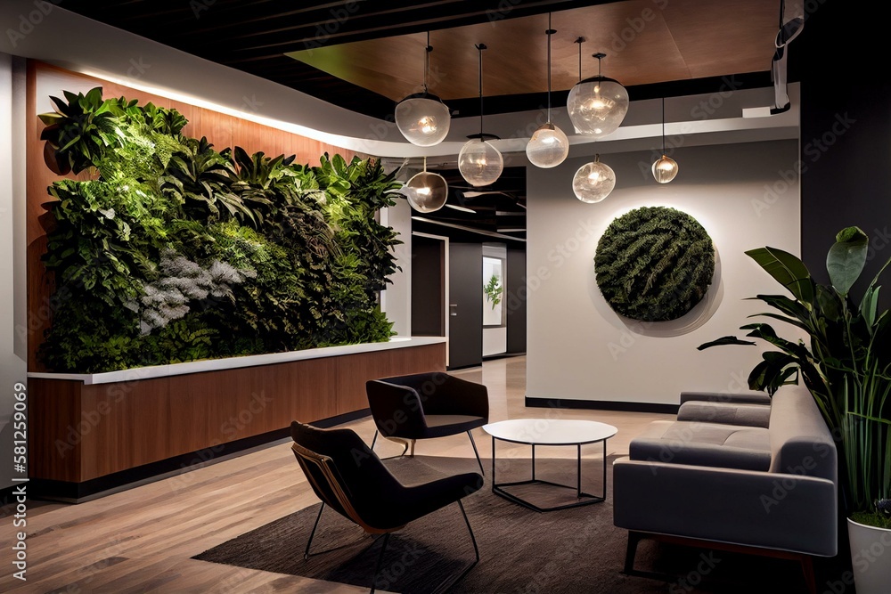 A modern reception area with a living plant wall and unique lighting ...