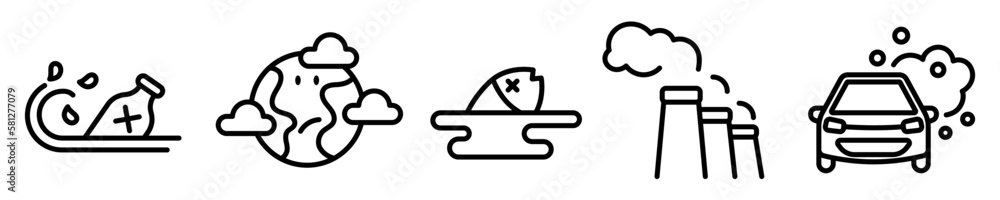 Conjunto de iconos de contaminación. Contaminación Hídrica, atmosférica ...