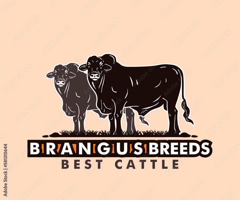 BRANGUS BREEDING FARM LOGO, silhouette of big and strong bull standing ...