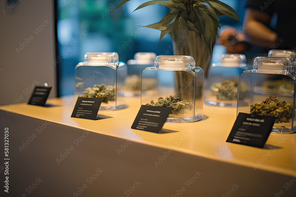 Store displaying various cannabis flower samples, medicinal marijuana ...