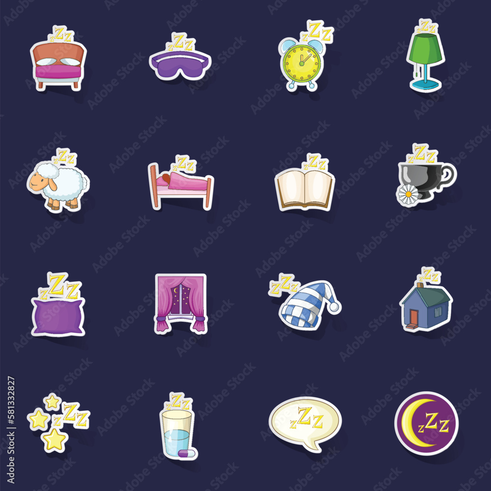 Sleep symbols icons set stikers collection vector with shadow on purple ...