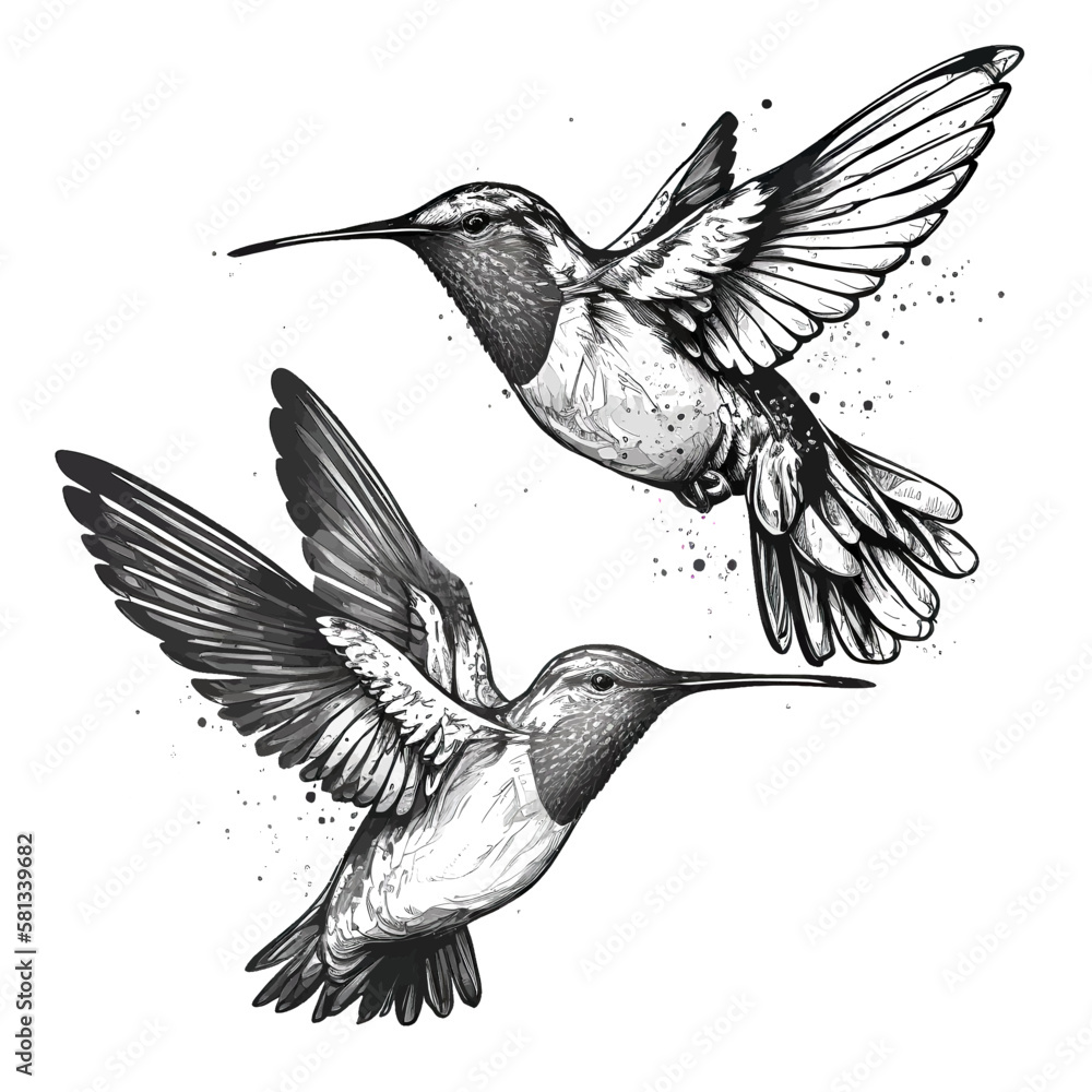 Two flying Colibri birds, isolated in white background, vector ...