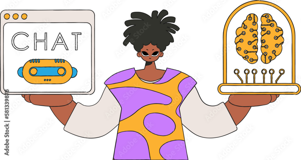 Illustration of a guy holding a chat with AI in his hands. Stock ...