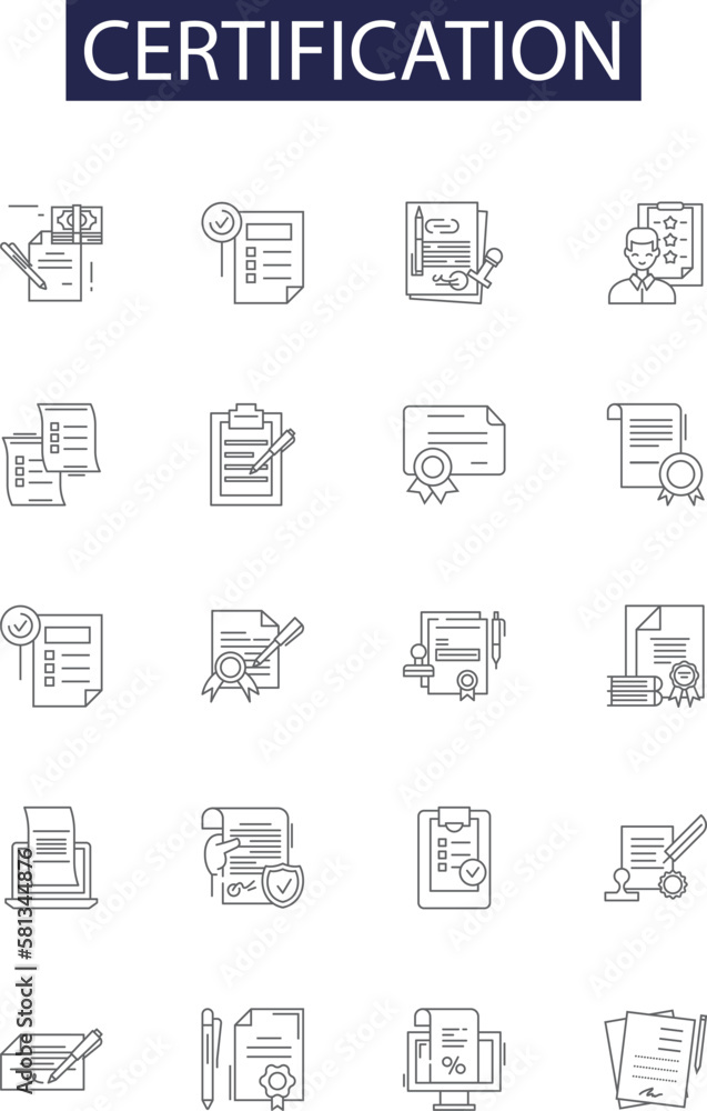 Certification line vector icons and signs. Authorization, Certification, Validation, Endorsement ...