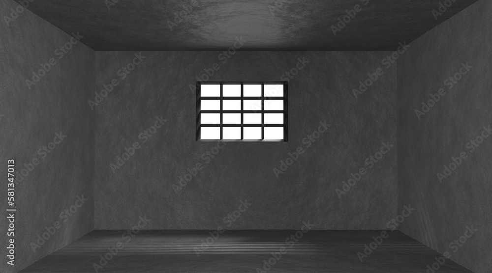 Prison cell with metal bars on window 3d render. Realistic interior of ...