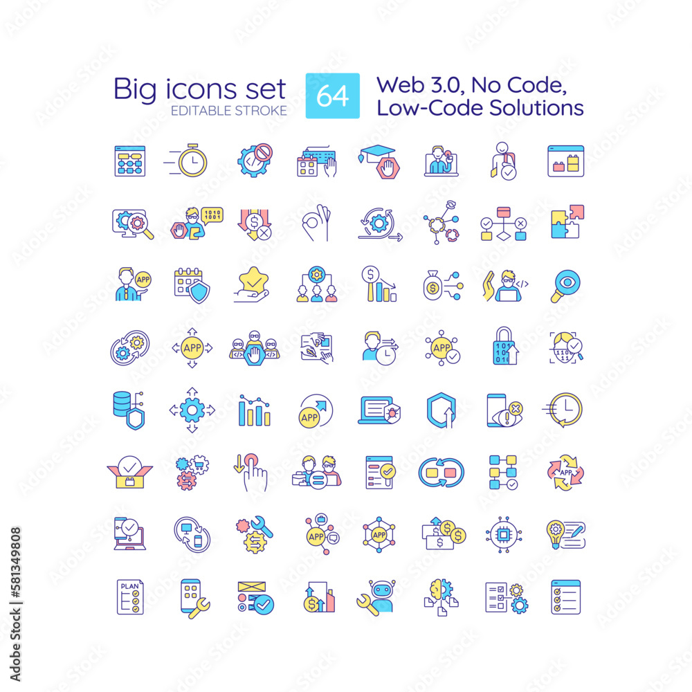 Vettoriale stock di Low-code solutions RGB color icons set. No code tools. Web 3.0. Application ...