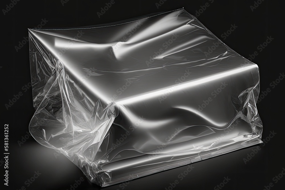 Transparent plastic wrap on the black background. Clean blank texture ...